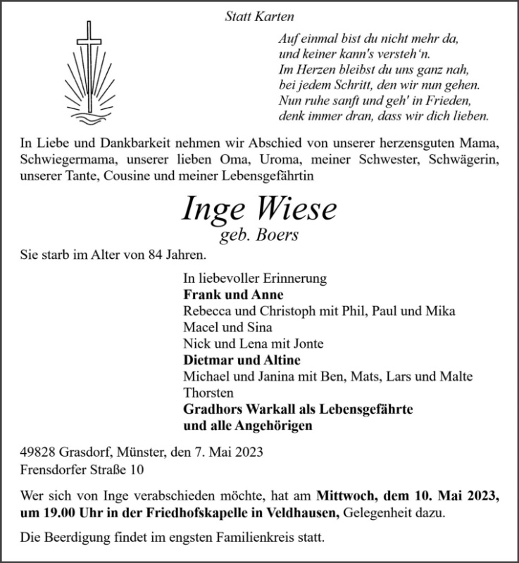 Gedenkseite für Inge Wiese | Bestattungen Gommer